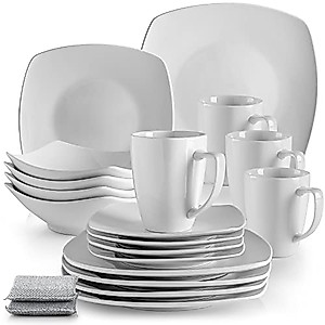 Zulay (16 Piece) Square Dinnerware Sets -Premium Quality Porcelain Plates Set & Dishes Set - Service For 4 Dishware Sets With 4 Plates, 4 Side Plate, 4 Soup Bowl, 4 Square Mug & 2 Silver Sponges