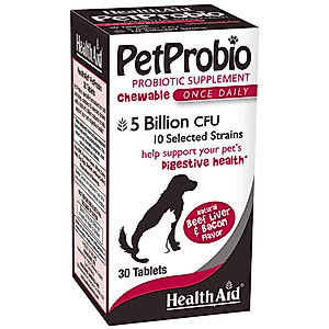 HealthAid PetProbio, 5 Billion with Probiotic, 10 Strains, 30ct, Once Daily for Cats and Dogs, Helps with Pet’s Digestive Health, Natural Beef, Liver, & Bacon Flavor