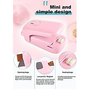 NOBVEQ Mini Bag Sealer, Handheld Heat Vacuum Sealer, Cutter with Lanyard and 2 in 1 Heat Sealer , Portable Bag Resealer Machine for Plastic Bags Food Storage Snacks Freshness(Batteries Included)-PINK