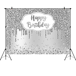 Aperturee 7x5ft Silver Happy Birthday Backdrop Glitter Diamonds Girls Sweet 16 18th 21st 30th 40th 50th Women Photography Background Banner Supplies Photo Booth Studio Props Party Decoration