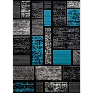 Champion Rugs Square Pattern Area Rug Geometric Pattern Modern Turquoise Gray Carpet Shed Free Stain Resistant (7’ 8” X 10’ 8”)