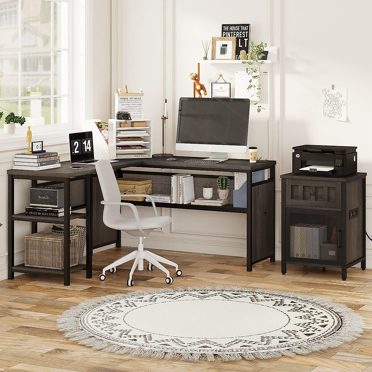 FATORRI End Table with Charging Station, Farmhouse Side Table with Drawer, Rustic Wood and Metal Nightstand and Bedside Tables for Living Room (Walnut Brown)