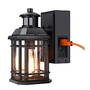 VDKK Porch Lights with GFCI Outlet, 3 Lighting Modes Motion Sensor Wall Light for House, Waterproof Aluminum Anti-Rust Dusk to Dawn Outside Exterior Light Fixture for Garge Doorway (Not Included Bulb)