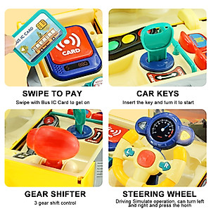 Hi-Tech School Bus Toy with Sound Light for Kids, Simulation Steering Wheel Gear Driving Pull Buses Education Knowledge Gift for Preschool Toddler Boys Girls Age 3 4 5 6 7 8