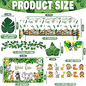 Wild One First Birthday Party Decorations for Boys Jungle Safari Theme Birthday Party Supplies 88 Pcs (Backdrop, Tablecloth, Cake Toppers, Hat, Foil Balloons, Balloons Garland Arch Kit) (Wild One)