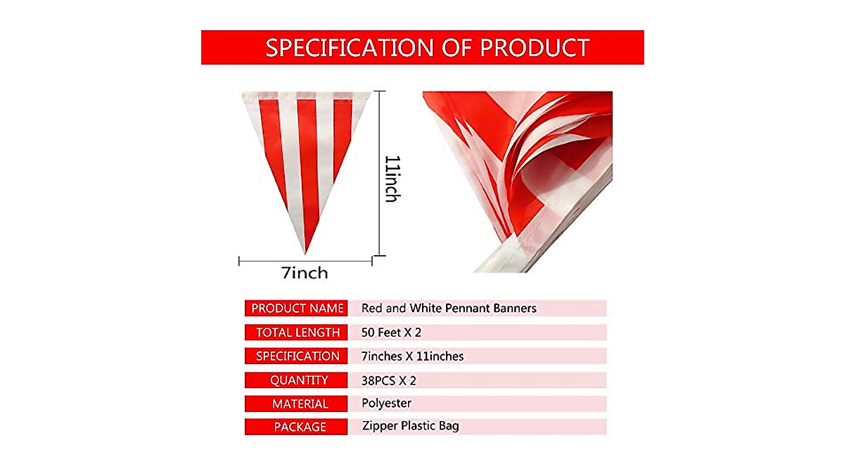 100 Feet Red & White Striped Pennant Banner for Parties & Events