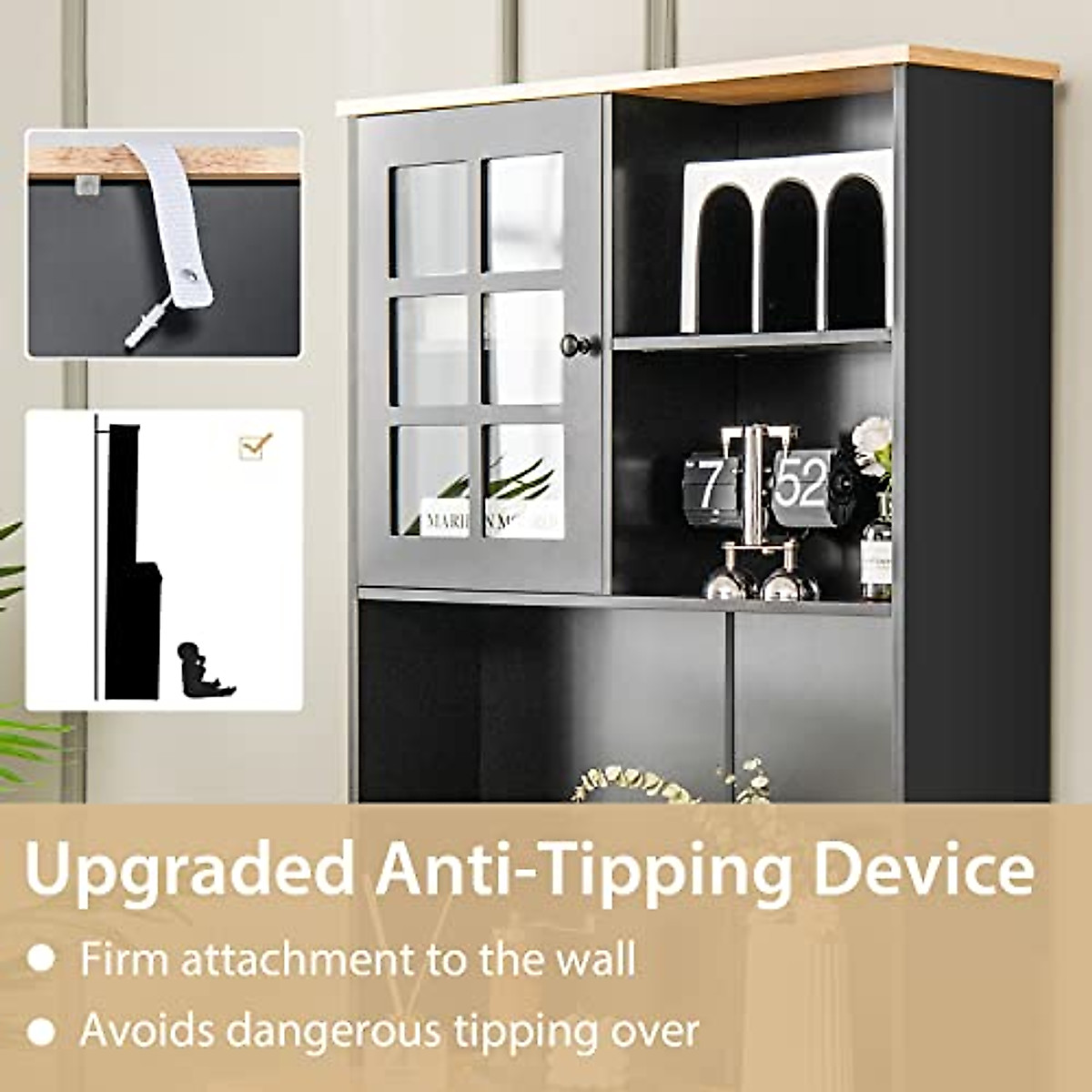 Byroce Kitchen Pantry with Cabinets & Open Shelves, Modern Tall Cabinet with Large Countertop, Glass Doors, Adjustable Shelves, Buffet Cabinet Cupboard for Kitchen, Living Room, Dining Room (Black)