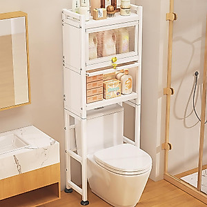 FHISD Over The Toilet Storage Cabinet, 3-Tier Metal Bathroom Over Toilet Storage, Above Toilet Storage with Double Door, Freestanding Toilet Shelf for Small Space, White
