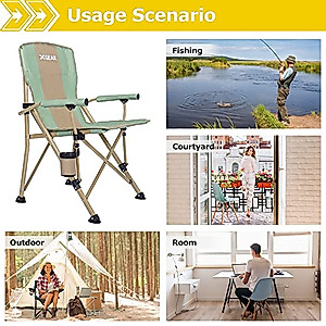 XGEAR Camping Chair with Padded Hard Armrest, Sturdy Folding Camp Chair with Cup Holder, Storage Pockets Carry Bag Included, Support to 400 lbs (1-Green)