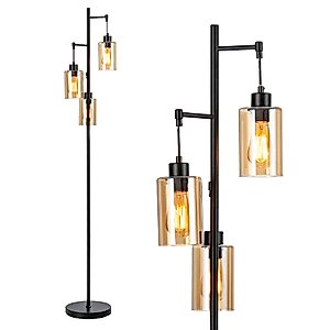 Tangkula 3 Lights Floor Lamp, Retro Floor Lamp with 3-Head Hanging Amber Glass Shade, Foot Switch, Metal Base, Industrial Floor Lamp for Living Room Bedroom Office (Black)