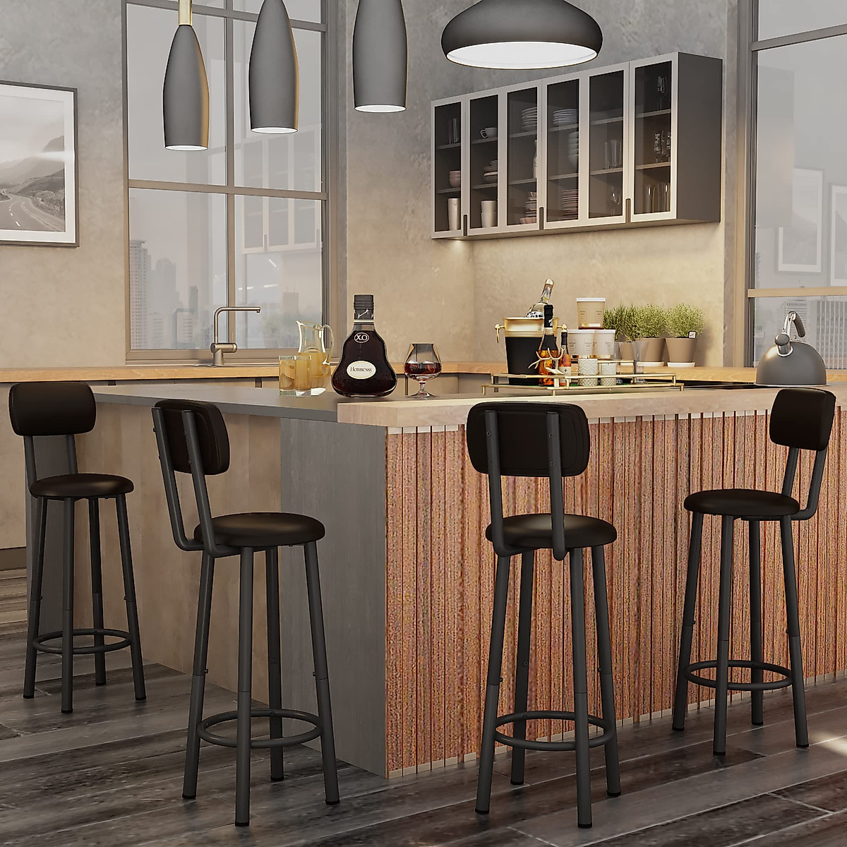 DKLGG Bar Stools, Set of 4 Bar Chairs, Tall Bar Stools with Backrest, PU Upholstered Breakfast Stools Armless Dining Chairs for Kitchen Island Pub Living Room