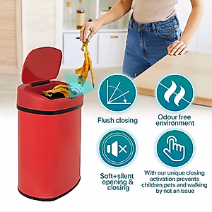 NiamVelo Kitchen Garbage Bin 13 Gallon Automatic Trash Can with Lid, Stainless Steel, Red