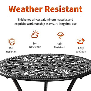 Withniture Bistro Set 3 Piece Outdoor, Round Bistro Table and Chairs Set of 2, Cast Aluminum Patio Bistro Sets with Umbrella Hole Outdoor Furniture for Garden, Porch, Black