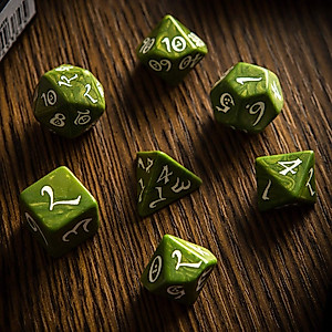 Q WORKSHOP Classic Olive & White RPG Ornamented Dice Set 7 polyhedral Pieces