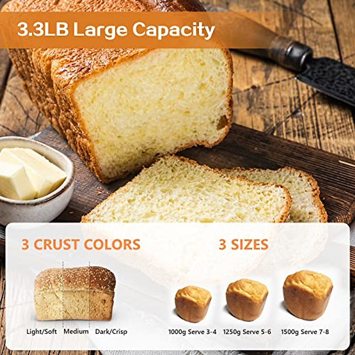 Davivy Bread Maker Machine 3LB with 2 Dough Kneading Paddle Dough Maker,15-in-1 Automatic Bread Machine Maker with Nonstick Bowl For Bread, Jam& Yogurt, 3 Loaf Sizes and 3 crust settings,15-H Delay Timer（850W,Silver,3.3LB）