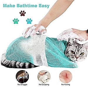 Cat Bag for Bathing 8 PCS Set with Cat Shower Net Bag Adjustable Pet Grooming Brush Nail Clipper Nail File Hair Combs Tick Tool Nail Caps, Nail Trimming Bath Cleaning Supplies Kit for Cats & Dogs