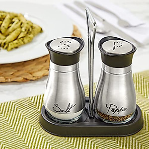 Juvale Stainless Steel Salt and Pepper Shakers Set with Holder, Refillable, Clear Glass Bottoms, Screw-Off Perforated "S" and "P" Caps for Kitchen Table Decor (4oz)