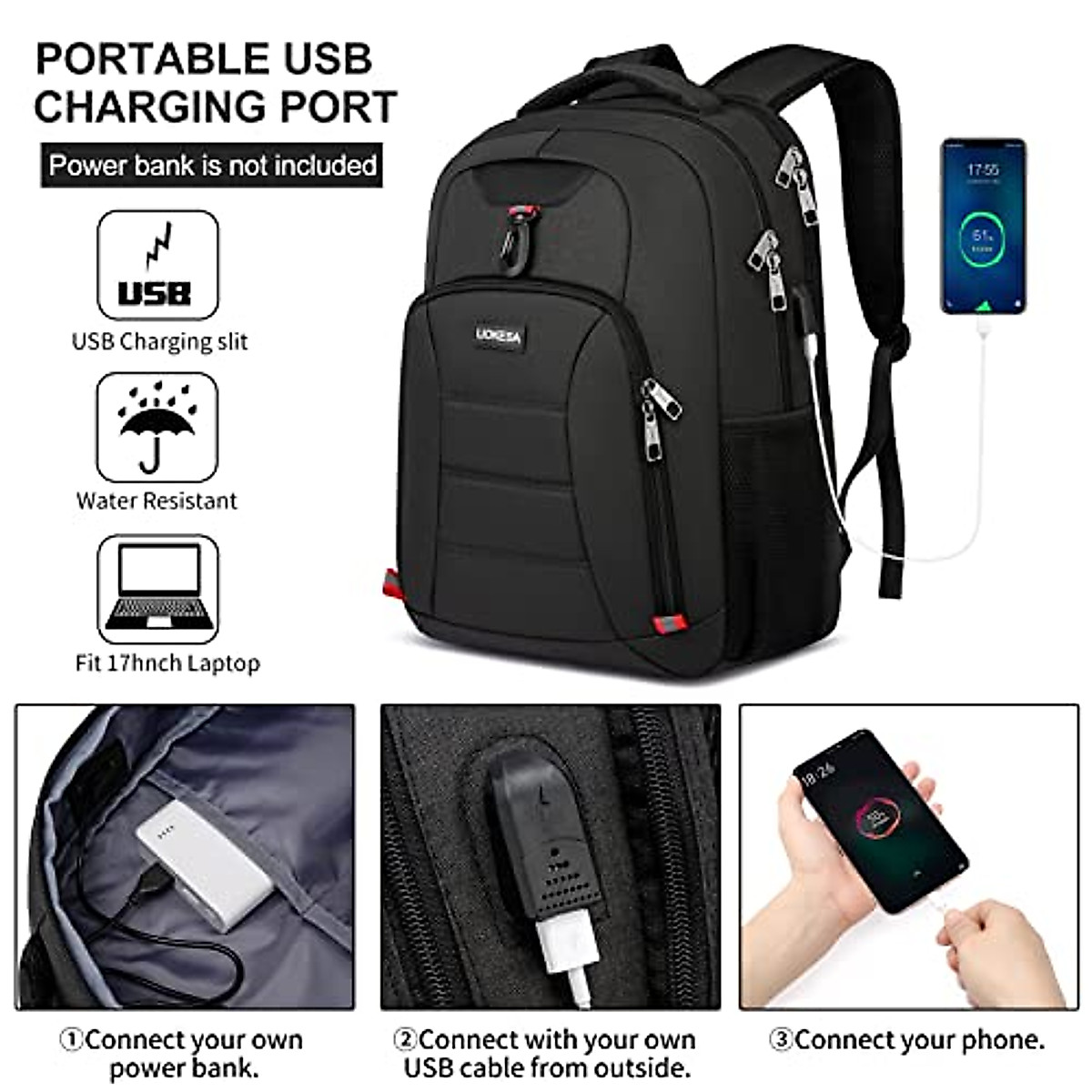 Laptop Backpack 15.6 Inch School Backpack for Teen Boys, Travel Backpack Large Water Resistant College Backpack Bookbag for Men Women with USB Charging Port, Black