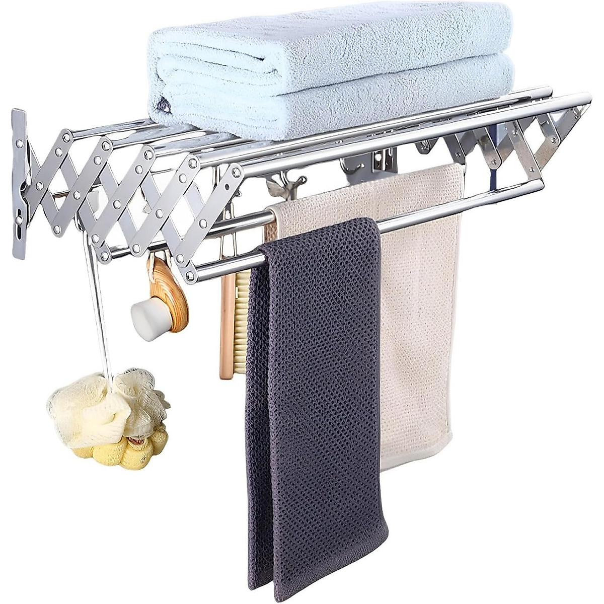 Yowmina Clothes Drying Rack Wall Mounted, Foldable Wall Drying Rack with 5 Hooks, Retractable Hanging Drying Rack with 7 Drying Rods, Space-Saving Stainless Steel Accordion Laundry Rack (23.6in)