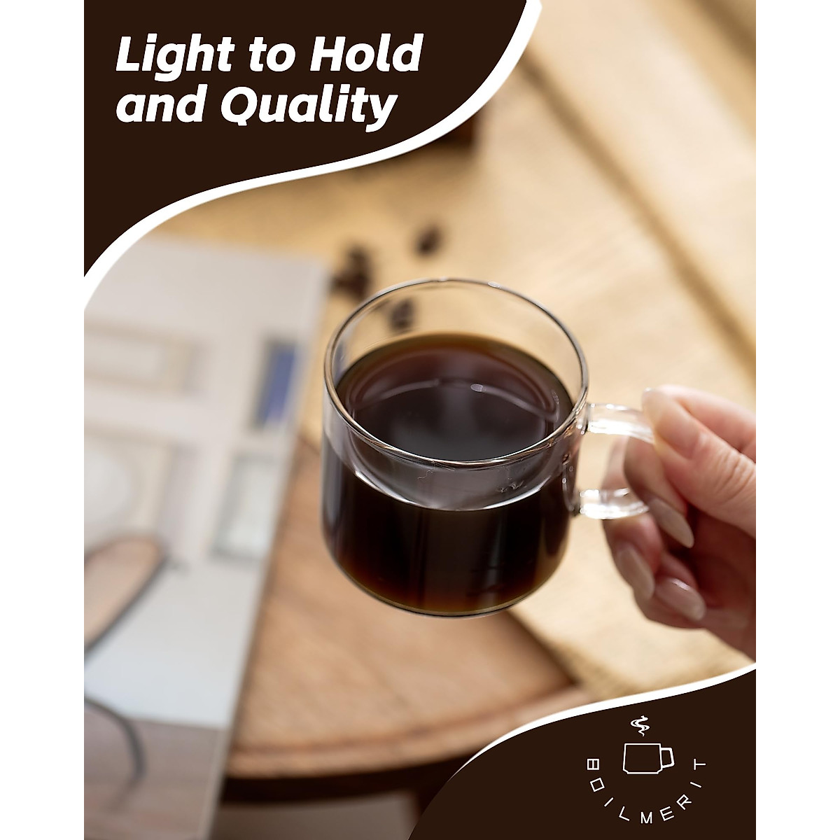 BOILMERIT Espresso Cups Set of 4, 5 oz Small Espresso Shot Glasses with Handle, Clear Espresso Coffee Mugs, Glass Demitasse Cups for Double Espresso or Tea, Coffee Machine, Espresso Accessories