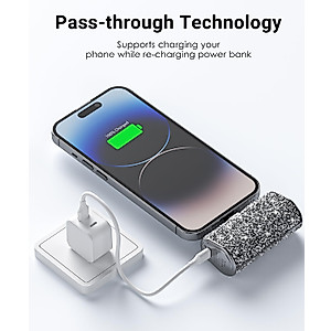Bling Small Portable Charger, Power Bank, 6800mAh Ultra Compact Cute Shining Battery Pack 5V3.1A Fast Charger Built-in iOS Connector and Flashlight for iPhone 14 Series to iPhone 5 Series(Silver)