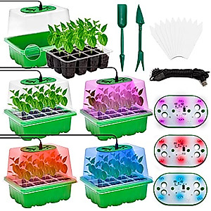 5 Set Seed Starter Trays Kit with 3 Colors Grow Light, Seed Plant Starting Tray with Adjustable Red Purple Blue Lights Brightness & Humidity for Indoor Seed Growing Germinating, Heighten Lid/60 Cells