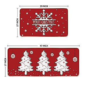 Artoid Mode Red Snowflake Merry Christmas Tree Welcome Decorative Kitchen Mats Set of 2, Home Party Low-Profile Kitchen Rugs - 17x29 and 17x47 Inch