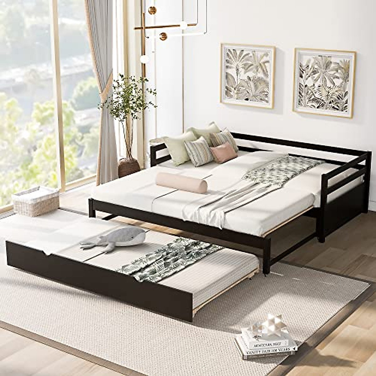 Merax Wood Daybed with Pop Up Trundle Twin to King Triple Sofa Bed for Kids Teens Adults/No Box Spring Needed Espresso