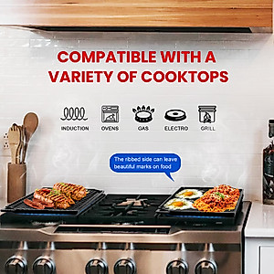 GGC Cast Iron Griddle, Reversible Flat Top Griddle for Gas Grills, Stove Tops, and Outdoor Cooking, 16.5 x 9.5 Baking Flat and Ribbed Griddle Plate for Family Cooking