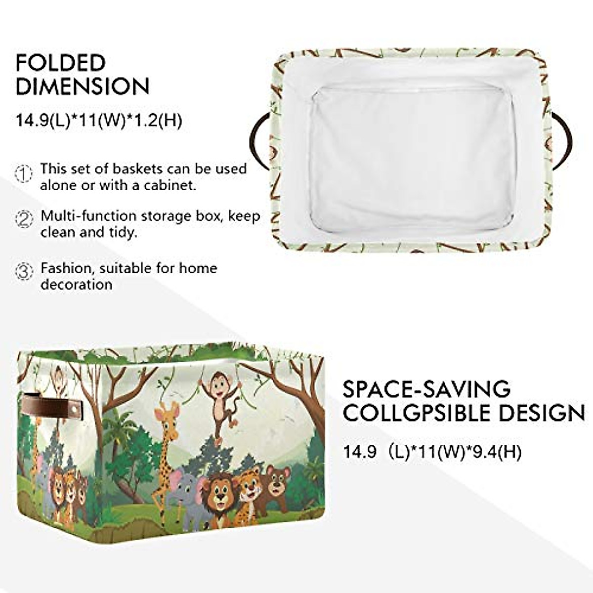 ALAZA Decorative Basket Rectangular Storage Bin, Animal Jungle Monkey Tiger Giraffe Lion Elephant Organizer Basket with Leather Handles for Home Office