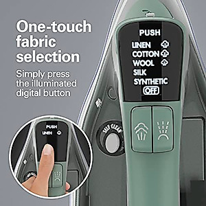 Hamilton Beach Steam Iron & Vertical Steamer for Clothes with Scratch-Resistant Durathon Soleplate, Digital Fabric Selector + 8’ Retractable Cord, 3-Way Auto Shutoff, Anti-Drip, 1800 Watts, Green