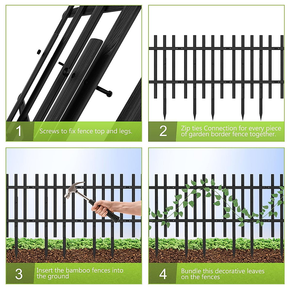 10 Pack Garden Fence Bamboo 10.4 ft (L) x 22.2 in (H) Decorative Garden Fence Animal Barrier Border for Small Rabbit Dog Flower Bed Edging Landscape Fencing for Yard Patio Outdoor, Black