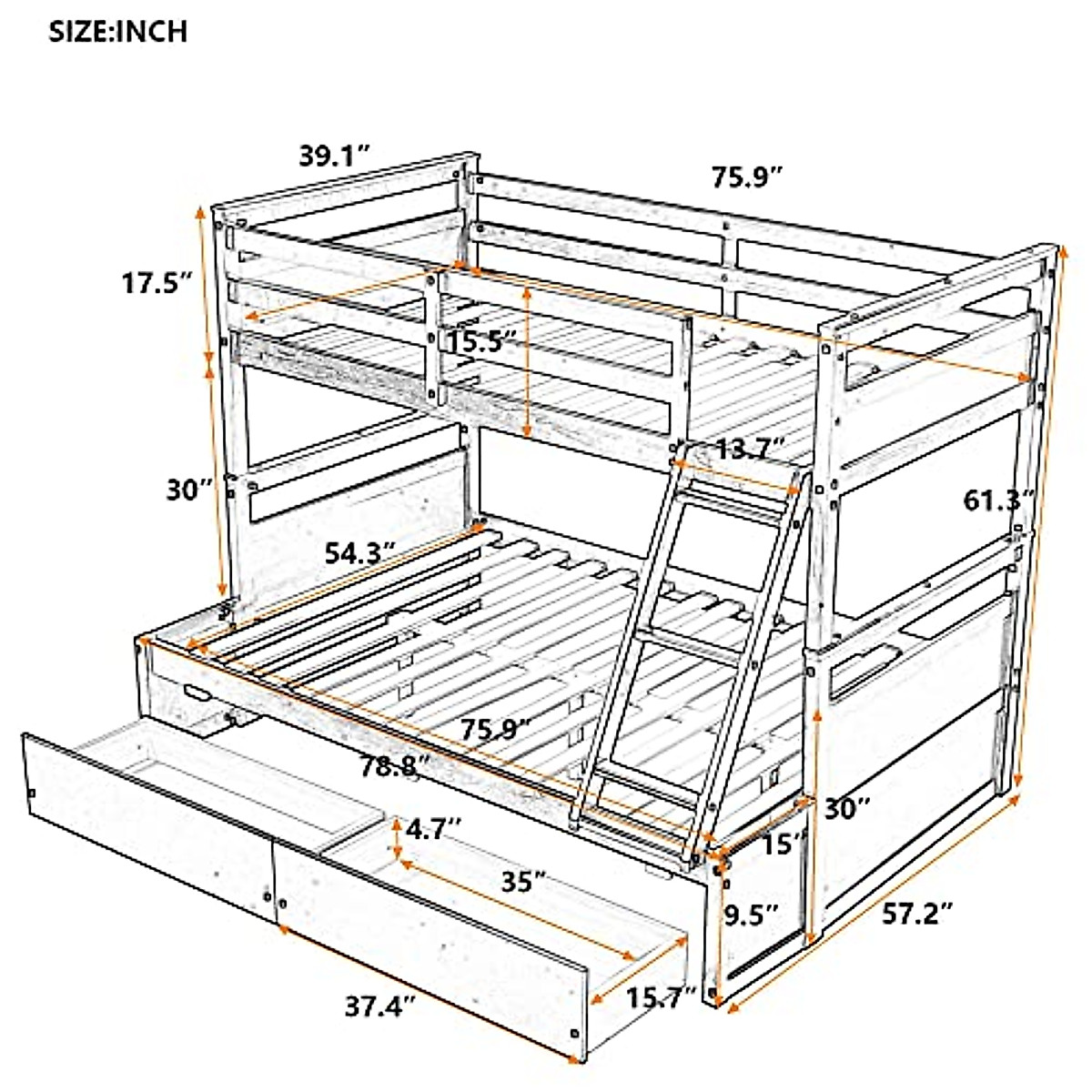 ATY Twin Over Full Bunk Bed with 2 Storage Drawers, Wooden Bedframe w/Ladder & Safety Guardrail, Can be Divided into 2Beds, Save Space, for Bedroom, Guestroom, Dorm,No Box Spring Needed, Gray