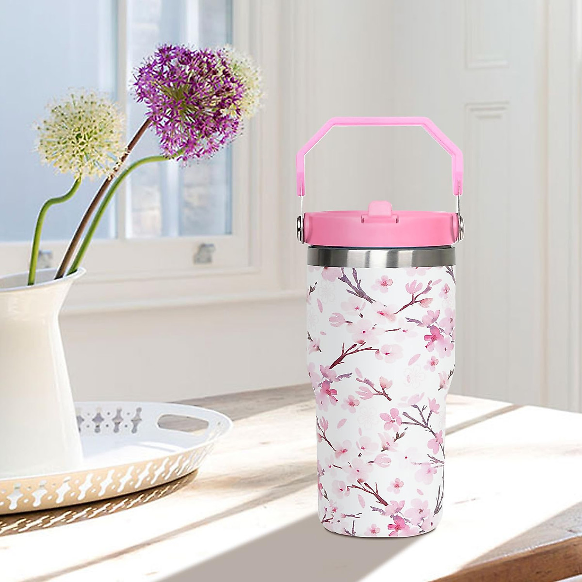 Hachishun 20 oz Cherry Blossom Tumbler with Handle Tumblers with Flip Straw and Top Handle Stainless Steel Coffee Mug Cherry Blossom Cup