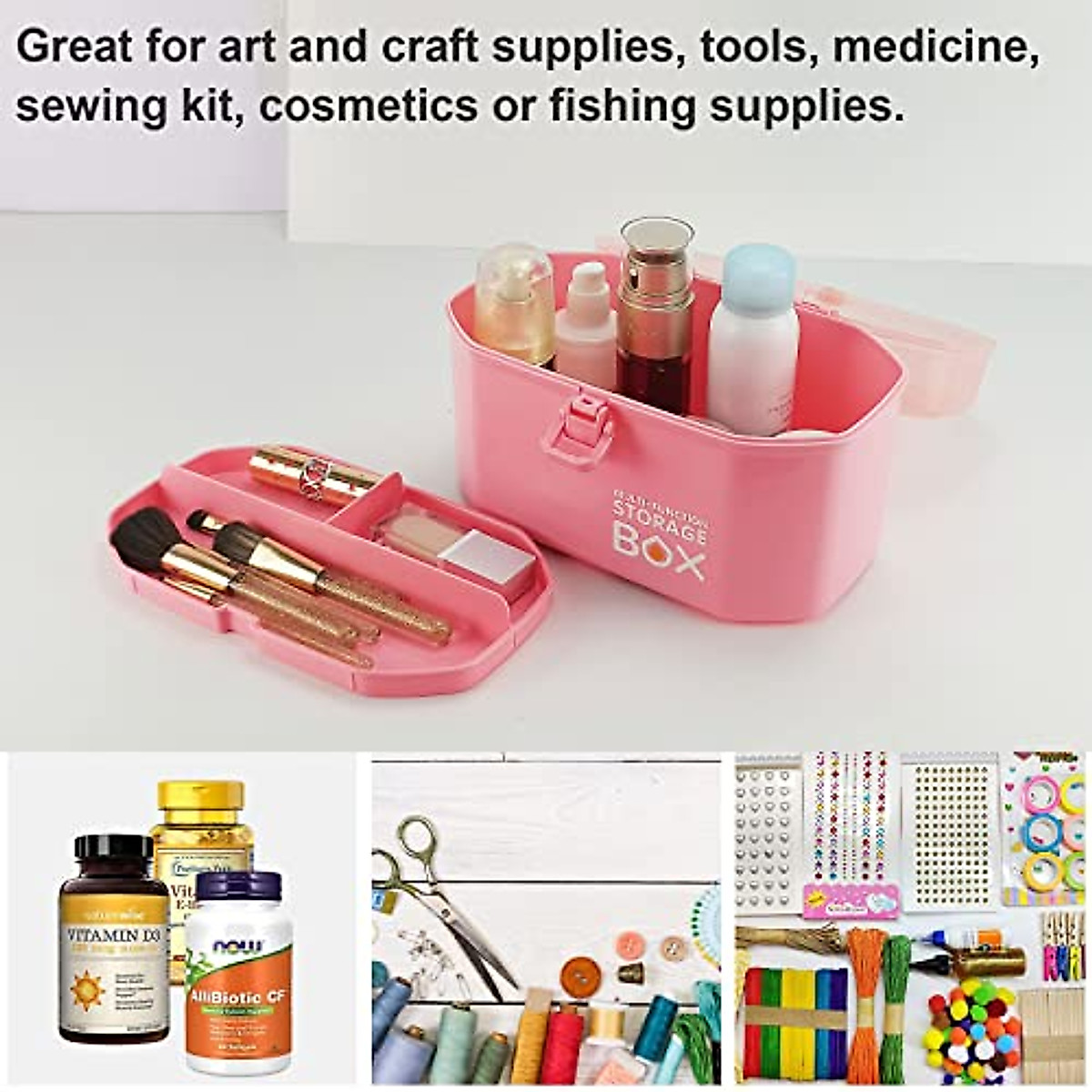 HengLiSam Plastic Box Organizer with Removable Tray, Multipurpose Organizer for Girls, Portable Handled Storage Case for Art Craft and Cosmetic(Pink)