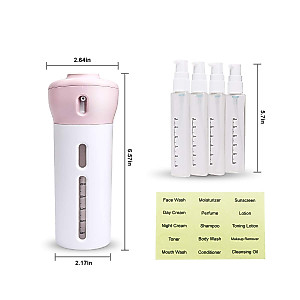 Travigo 4-in-1 Travel Dispenser Bottle, TSA Approved,Includes Four Empty Reusable 1.4 oz. (40 mL) Cosmetic Toiletry Containers for Sanitizer, Soap, Lotions, Skincare, Makeup Products (Pink)