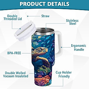 Slewiaeky Tumbler with Handle 40 oz Lovely Turtle Ocean Travel Mug with Lid and Straw Sea Stainless Steel Vacuum Insulated Water Bottle Cup for Iced Tea Coffee Cold Beverages Cup Holder Friendly