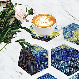 Diamond Painting Kits Coasters Starry Night, 7 PCS Diamond Art Hexagonal Coasters with Holder, Small Diamond Painting Kits for Adults Beginners