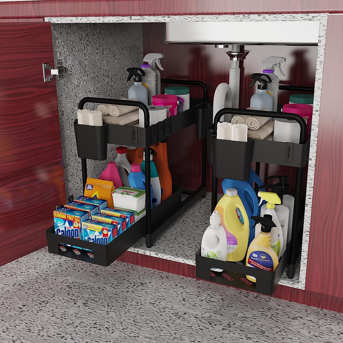 Botion 2 Pack Double-Layer Under Sink Organizer for Efficiently Utilizing Space, High Capacity and Space Saving, 2 Tier Sliding Under Sink Shelf with 4 Hooks and a Cup Slot(Black)