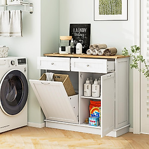 LOKO Kitchen Tilt Out Trash Cabinet, Modern Trash Cabinet with 2 Drawers & Adjustable Shelf, Pet Proof Trash Can Cabinet with Rubber Wood Tabletop, Ideal for Living Room, Dining Room (White)