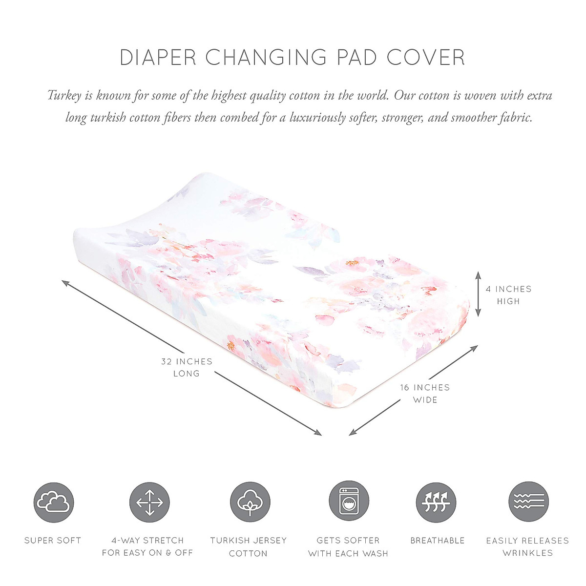 Oilo Changing Pad Cover, Breathable 100% Turkish Cotton Fitted Jersey, 300 Thread Count, Machine Washable, Fits Standard Changing Pads (32" x 16"), Girl, Boy, & Neutral Nursery Design, Prim