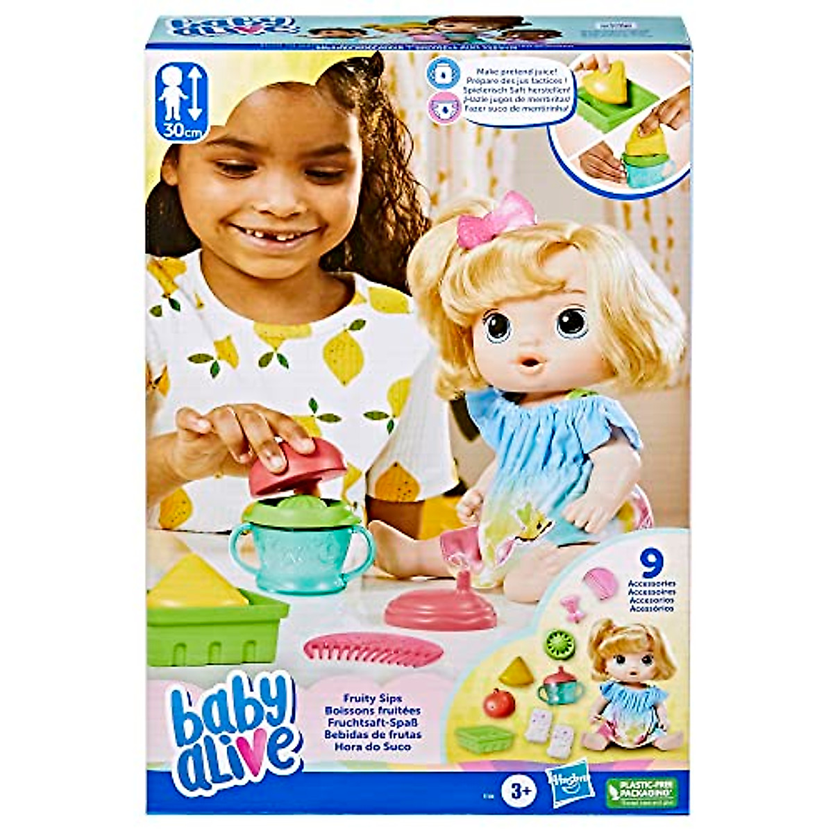 Baby Alive Fruity Sips Doll, Apple, Toys for 3 Year Old Girls, 12-inch Baby Doll Set, Drinks & Wets, Pretend Juicer, Kids 3 and Up, Blonde Hair
