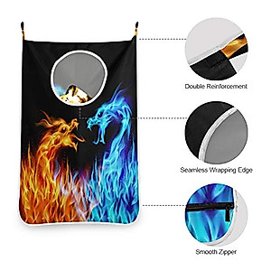 Red Blue Fire Dragon Hanging Laundry Hamper Bag Animal Monster Dirty Clothes Bag,Over The Door Cloth Basket with Hooks, for Bathroom, Bedroom, Storage, Space Saving, Wall, College, Closet