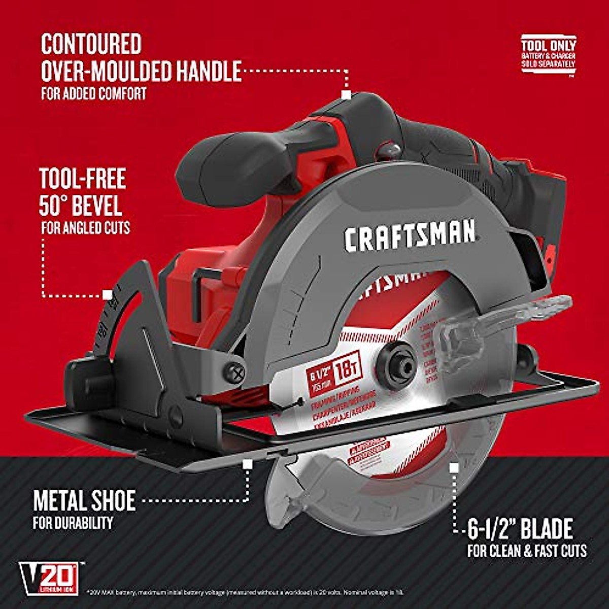 CRAFTSMAN V20* 6-1/2-Inch Cordless Circular Saw, Tool Only (CMCS500B)