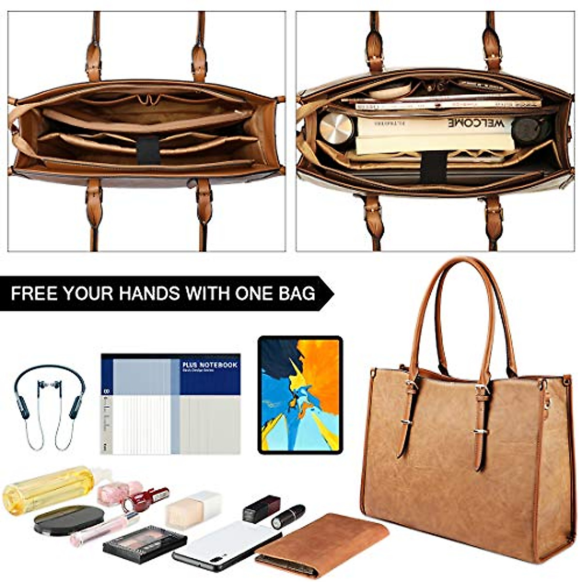 Laptop Bag for Women 15.6 Inch Waterproof Lightweight Leather Laptop Tote Bag Womens Professional Business Office Work Bag Briefcase Large Computer Bag Shoulder Handbag Brown