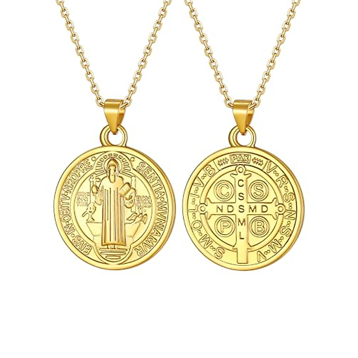 U7 Women Men 18K Gold Plated 925 Sterling Silver 1.5mm Dainty Chain & Coin Saint Benedict Pendant Necklace