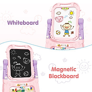 Amagoing Easel for Kids, Adjustable Standing Art Easel for Toddler, Double Magnetic Drawing Board with Painting Accessories, Birthday Christmas Gift for Little Boys and Girls, Middle Size Pink