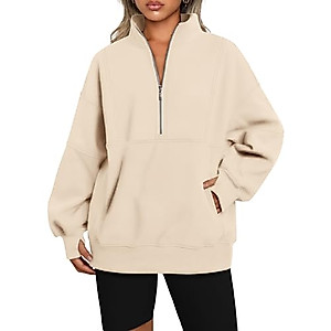 AUTOMET Women's Half Zip Oversized Sweatshirts Fleece Pullover Long Hoodies Casual Mock Turtleneck Sweaters with Pockets Apricot XL