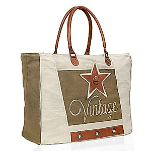 CLA 20 Inch Upcycle Canvas Vintage & Cowhide Leather Handbag, Canvas Hobo Bag, Canvas Tote Bag for Women's