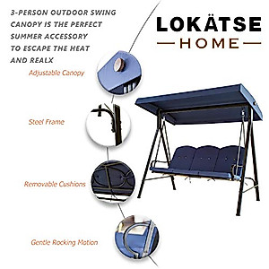 LOKATSE HOME 3-Seats Patio Swing with Adjustable Canopy Weather Resistant Steel Frame Outdoor Porch Converting Deck Furniture, Blue
